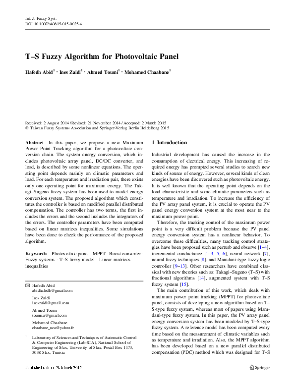 (PDF) T–S Fuzzy Algorithm for Photovoltaic Panel | chaabane mohamed - Academia.edu