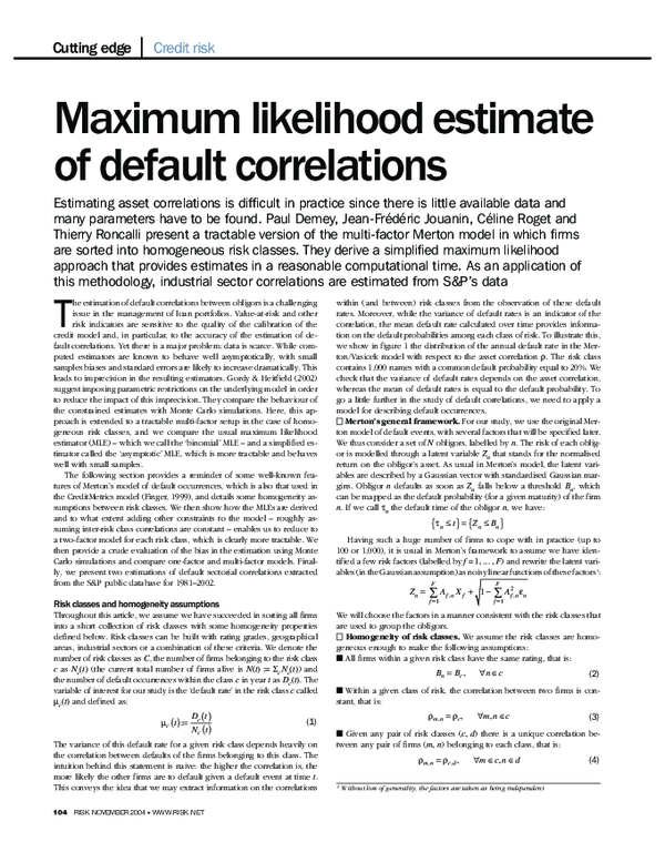 (PDF) Maximum Likelihood Estimate of Default Correlations