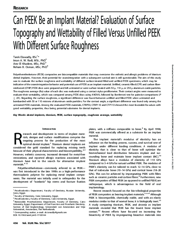 (PDF) Can PEEK Be an Implant Material? Evaluation of Surface Topography ...