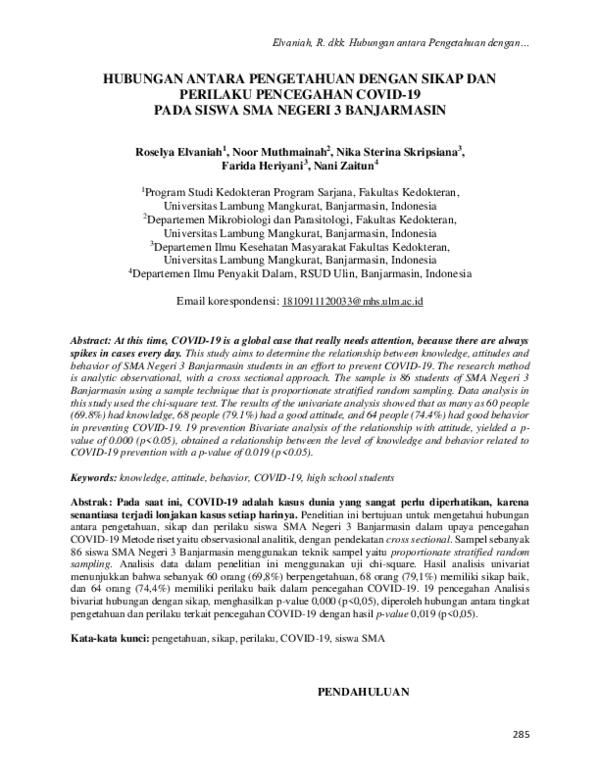 (PDF) Hubungan antara Pengetahuan dengan Sikap dan Perilaku Pencegahan Covid-19 pada Siswa SMA ...