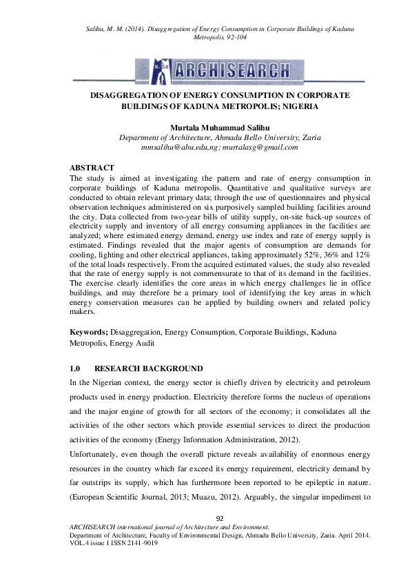 (PDF) DISAGGREGATION OF ENERGY CONSUMPTION IN CORPORATE BUILDINGS OF KADUNA METROPOLIS; NIGERIA