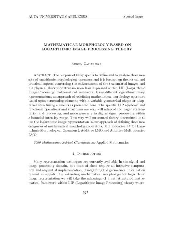 (PDF) ACTA UNIVERSITATIS APULENSIS Special Issue MATHEMATICAL MORPHOLOGY BASED ON LOGARITHMIC ...