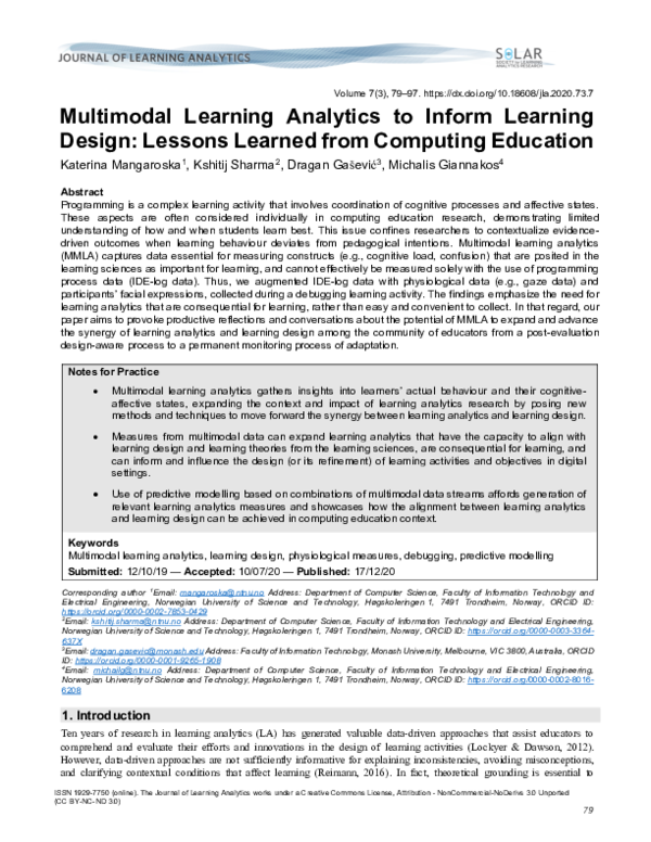 (PDF) Multimodal Learning Analytics to Inform Learning Design: Lessons Learned from Computing ...
