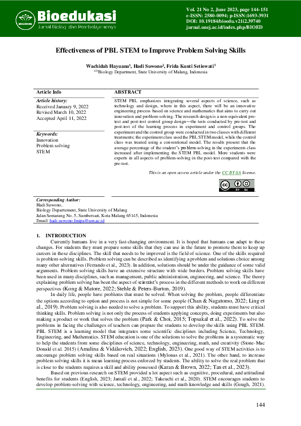 Pdf Effectiveness Of Pbl Stem To Improve Problem Solving Skills