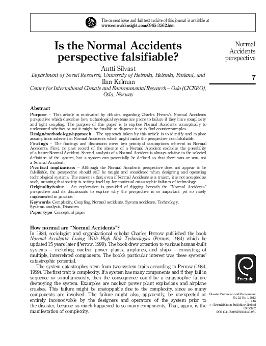 (PDF) Is the Normal Accidents perspective falsifiable?