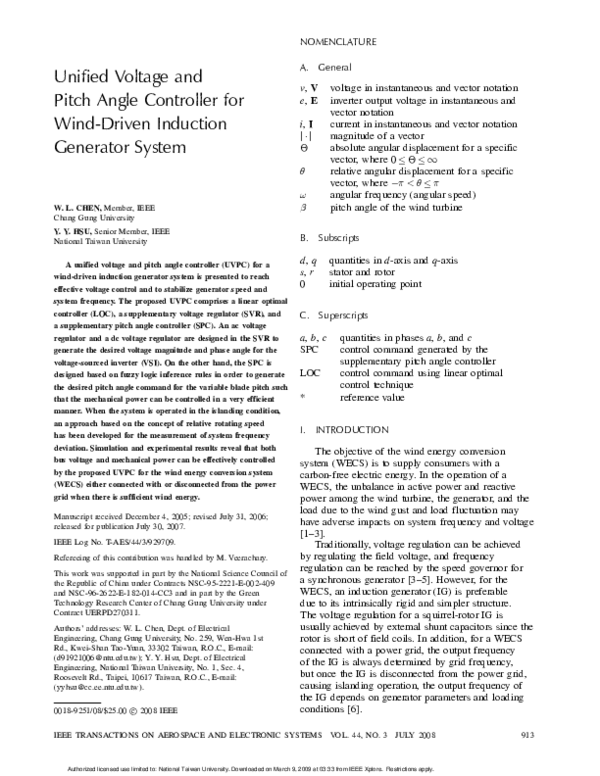 (PDF) Unified voltage and pitch angle controller for wind-driven induction generator system