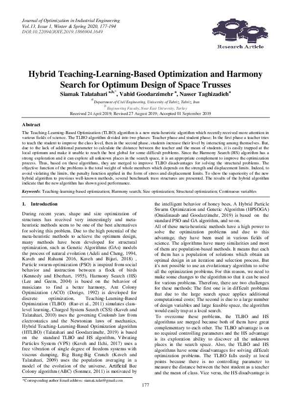 (PDF) Hybrid Teaching-Learning-Based Optimization and Harmony Search for Optimum Design of Space ...