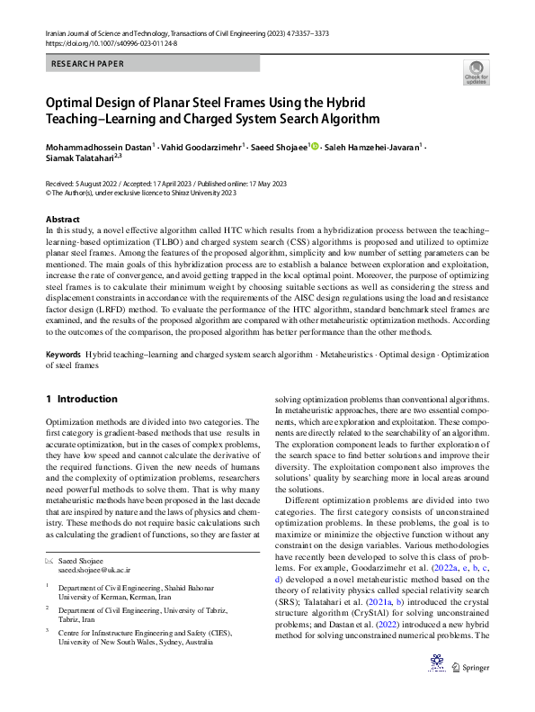 (PDF) Optimal Design of Planar Steel Frames Using the Hybrid Teaching–Learning and Charged ...