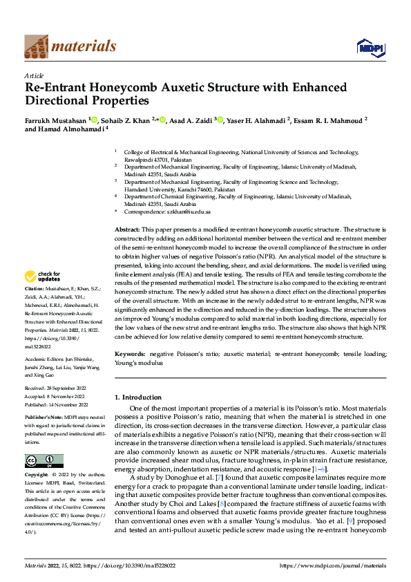 (PDF) Re-Entrant Honeycomb Auxetic Structure with Enhanced Directional ...