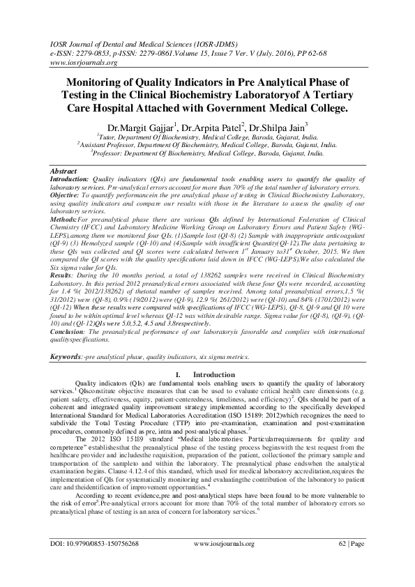 (PDF) Monitoring of Quality Indicators in Pre Analytical Phase of ...