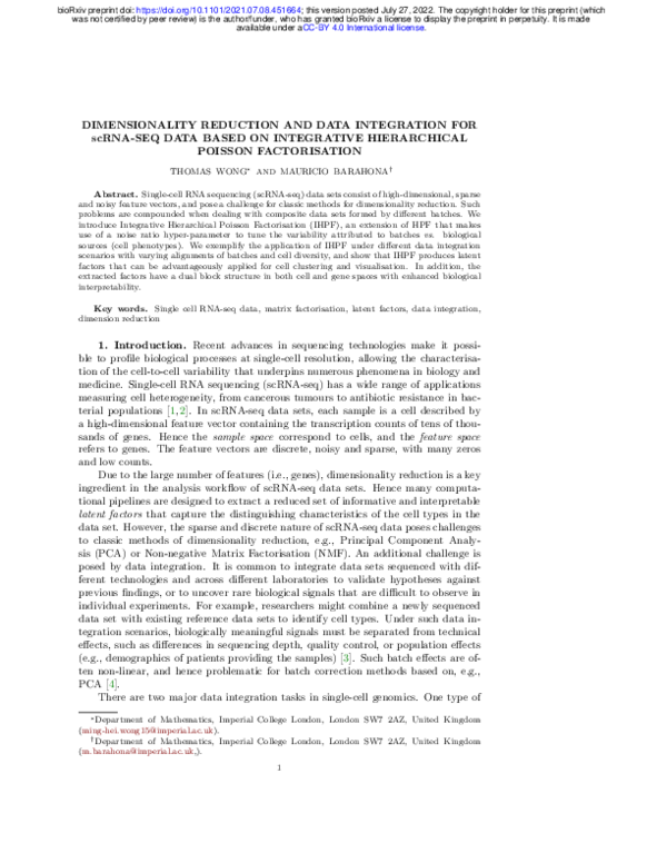 (PDF) Dimensionality reduction and data integration for scRNA-seq data based on integrative ...