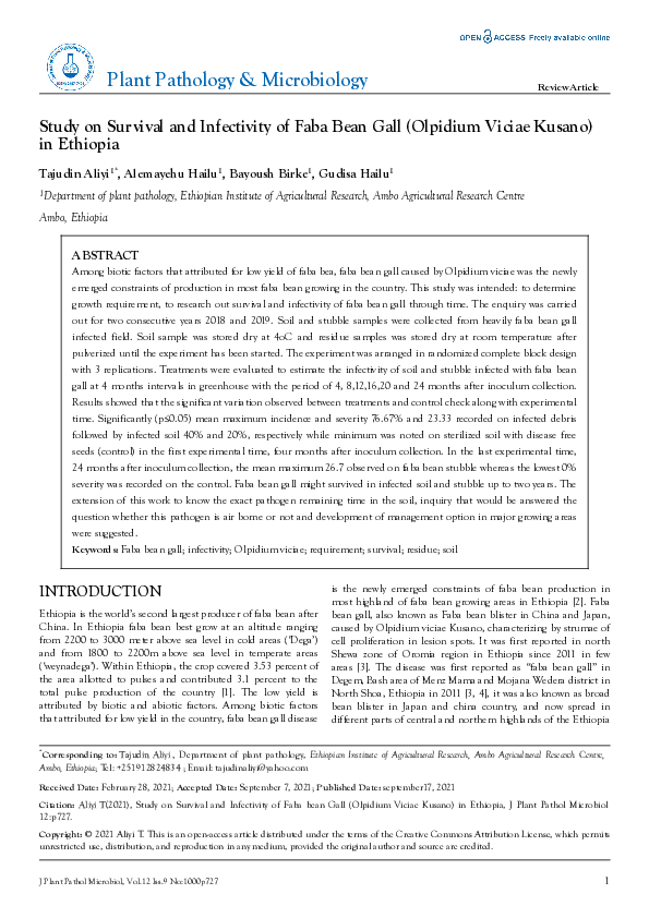 (PDF) Study on Survival and Infectivity of Faba Bean Gall (Olpidium ...