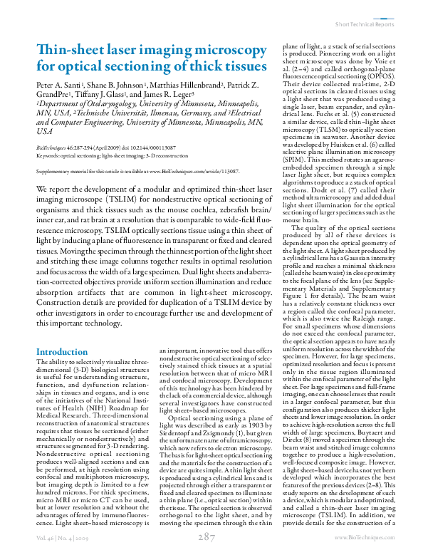 (PDF) Thin-sheet laser imaging microscopy for optical sectioning of thick tissues | James Leger ...
