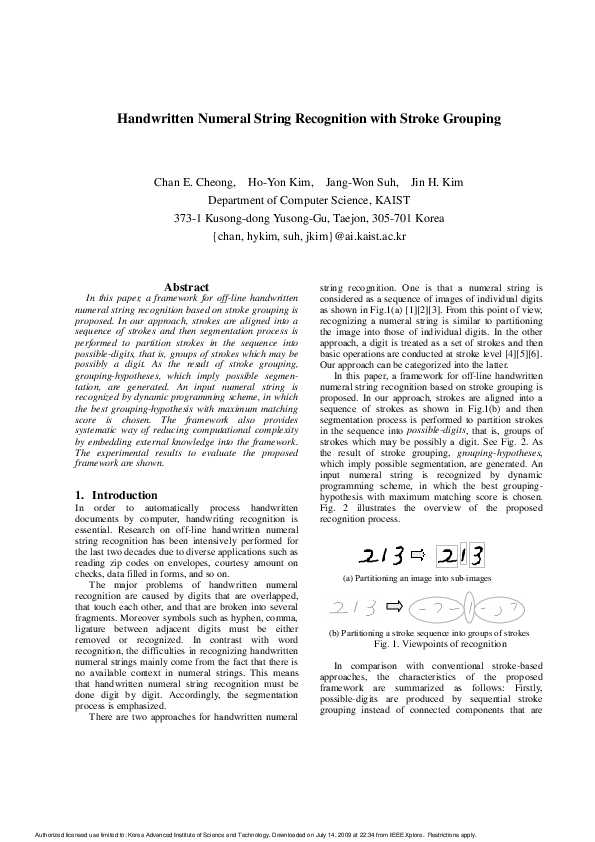 Pdf Handwritten Numeral String Recognition With Stroke Grouping