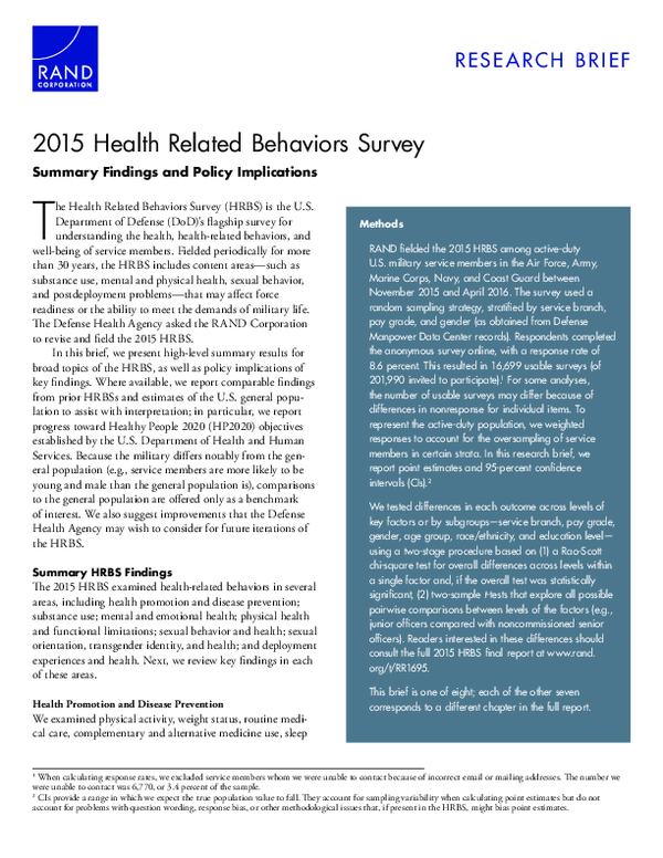 (PDF) 2015 Health Related Behaviors Survey: Summary Findings and Policy ...