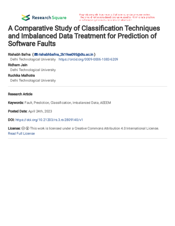 (PDF) A Comparative Study of Classification Techniques and Imbalanced Data Treatment for ...