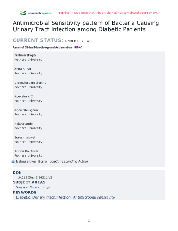 (PDF) Antimicrobial Sensitivity pattern of Bacteria Causing Urinary Tract Infection among ...