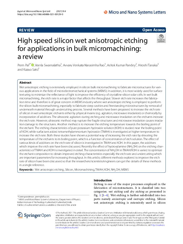 (PDF) High speed silicon wet anisotropic etching for applications in bulk micromachining: a review