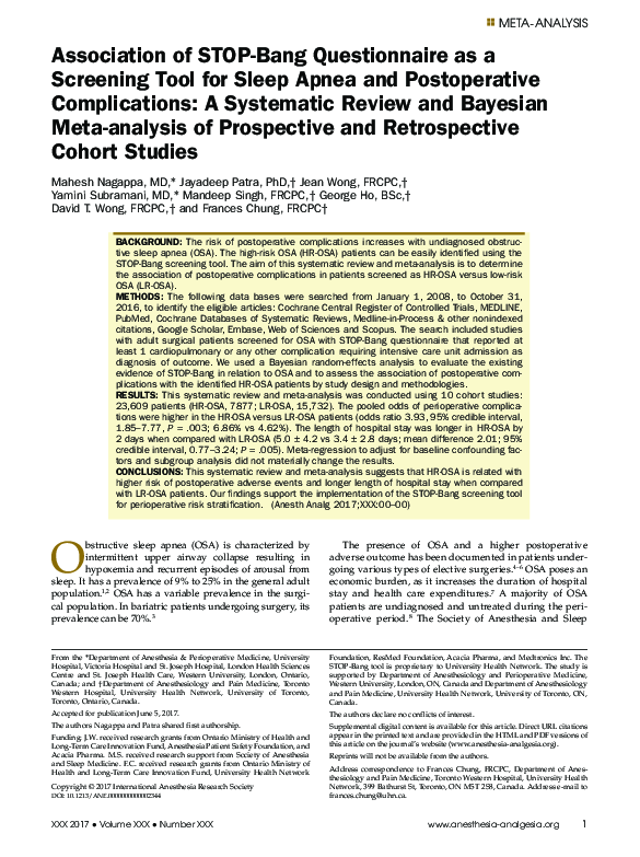 (PDF) Association of STOP-Bang Questionnaire as a Screening Tool for ...