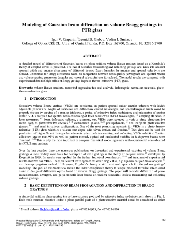 (PDF) Modeling of Gaussian beam diffraction on volume Bragg gratings in PTR glass