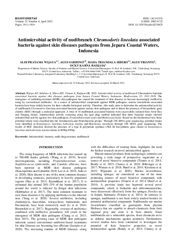 (PDF) Antimicrobial activity of nudibranch Chromodoris lineolata ...