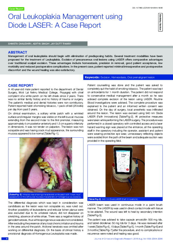 (PDF) Oral Leukoplakia Management using Diode LASER: A Case Report | Jay Shankar Tiwari ...