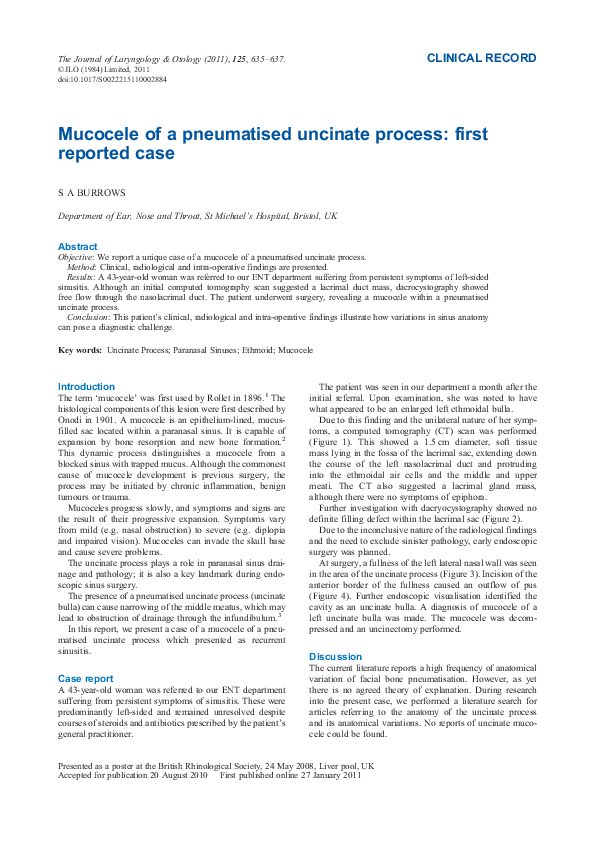 (PDF) Mucocele of a pneumatised uncinate process: first reported case