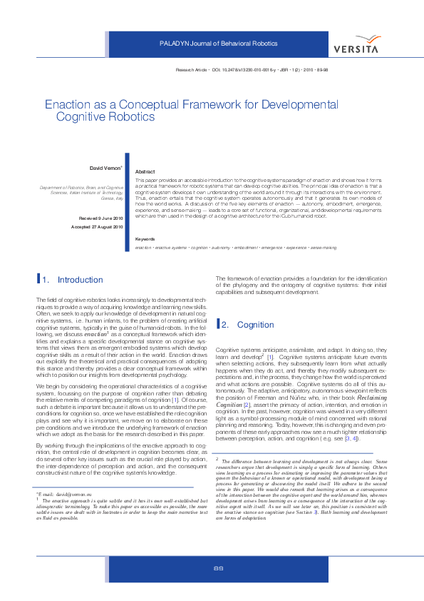 (PDF) Enaction as a Conceptual Framework for Developmental Cognitive Robotics | David Vernon ...
