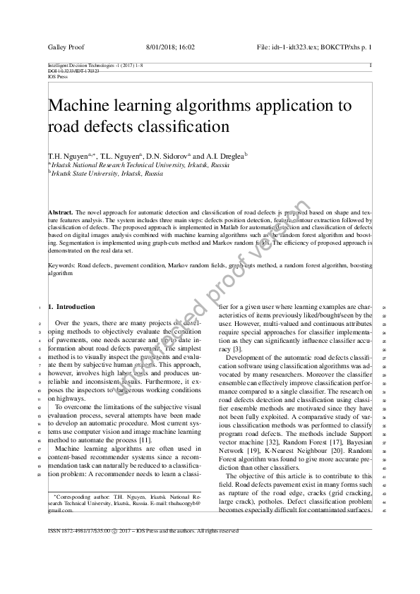 (PDF) Machine learning algorithms application to road defects classification