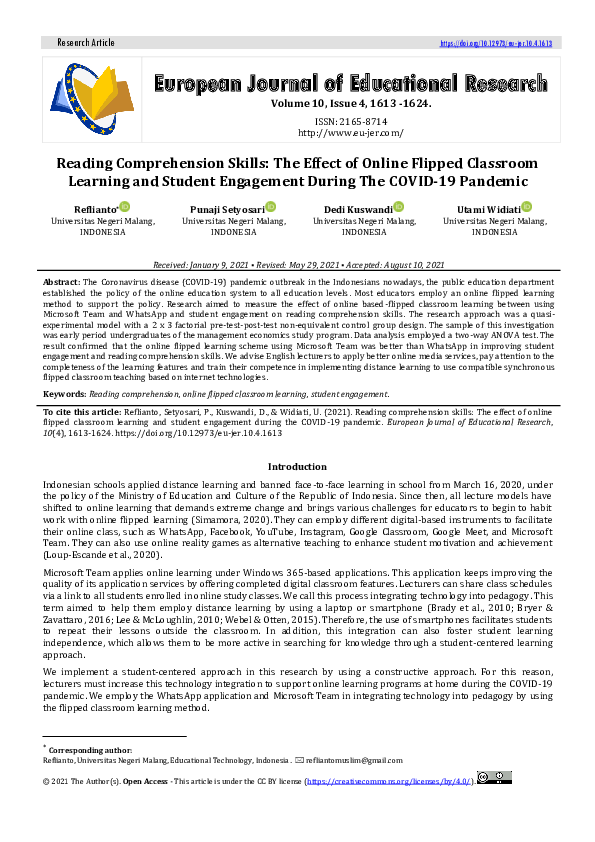 (PDF) Reading Comprehension Skills: The Effect of Online Flipped ...