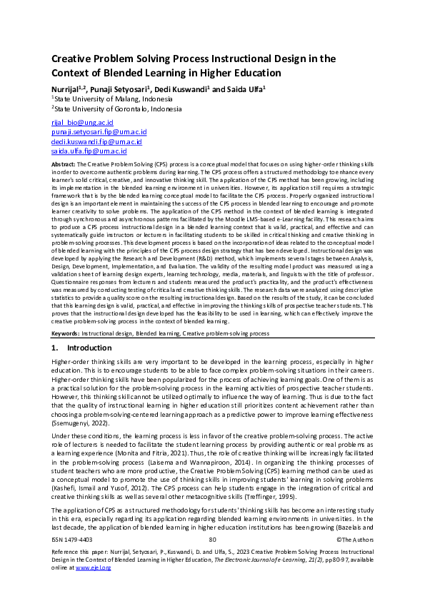 (PDF) Creative Problem Solving Process Instructional Design in the Context of Blended Learning ...