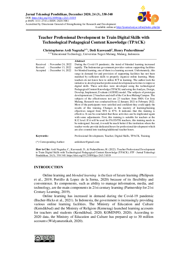(PDF) Teacher Professional Development to Train Digital Skills with Technological Pedagogical ...
