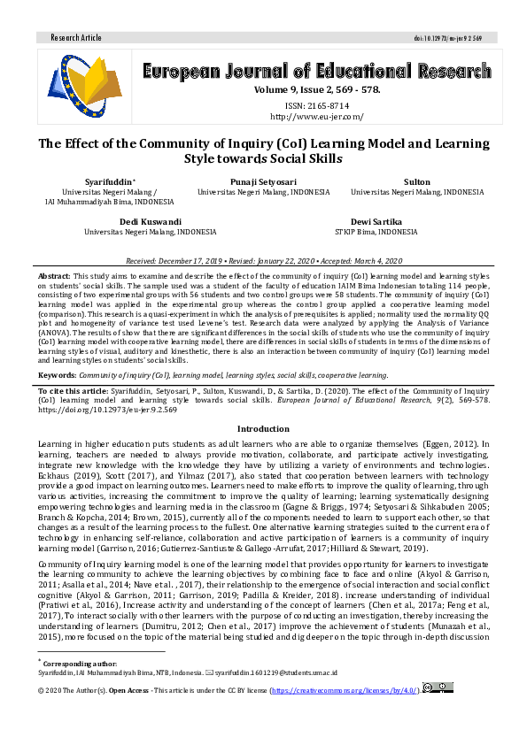 (PDF) The Effect of the Community of Inquiry (CoI) Learning Model and ...