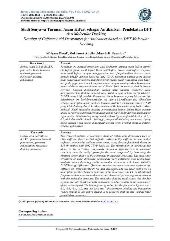 (PDF) Studi Senyawa Turunan Asam Kafeat sebagai Antikanker: Pendekatan DFT dan Molecular Docking ...