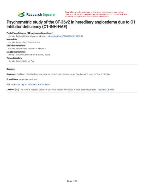 (PDF) Psychometric study of the SF-36v2 in hereditary angioedema due to ...