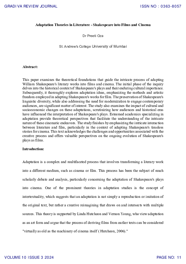 (PDF) Adaptation Theories in Literature -Shakespeare into Films and Cinema
