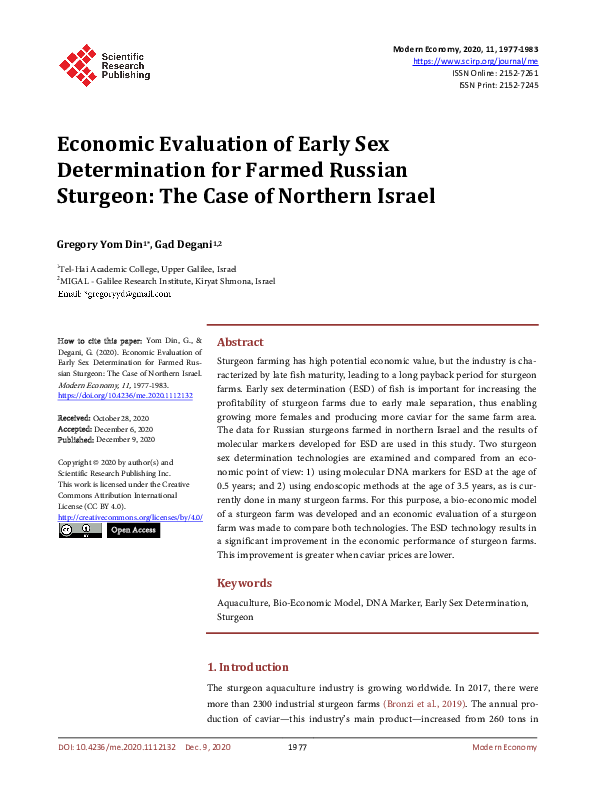 Pdf Economic Evaluation Of Early Sex Determination For Farmed Russian Sturgeon The Case Of