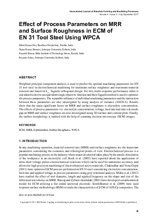 Pdf Effect Of Process Parameters On Mrr And Surface Roughness In Ecm