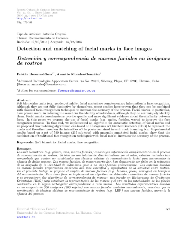 (PDF) Detection and matching of facial marks in face images