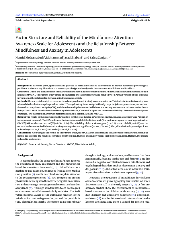 (PDF) Factor Structure and Reliability of the Mindfulness Attention Awareness Scale for ...