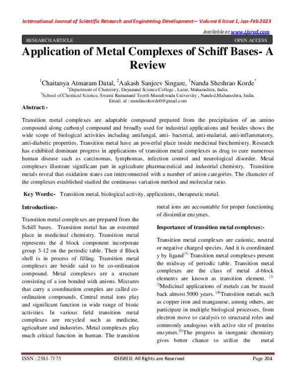 (PDF) Application of Metal Complexes of Schiff Bases- A Review