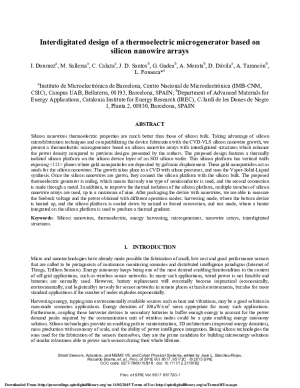 (PDF) Interdigitated design of a thermoelectric microgenerator based on silicon nanowire arrays ...