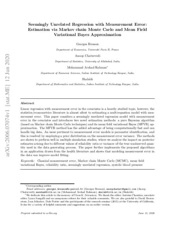 (PDF) Seemingly Unrelated Regression with Measurement Error: Estimation via Markov chain Monte ...