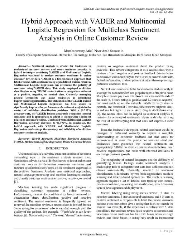(PDF) Hybrid Approach with VADER and Multinomial Logistic Regression for Multiclass Sentiment ...