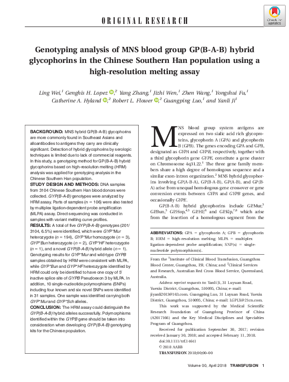 (PDF) Genotyping analysis of MNS blood group GP(B‐A‐B) hybrid glycophorins in the Chinese ...