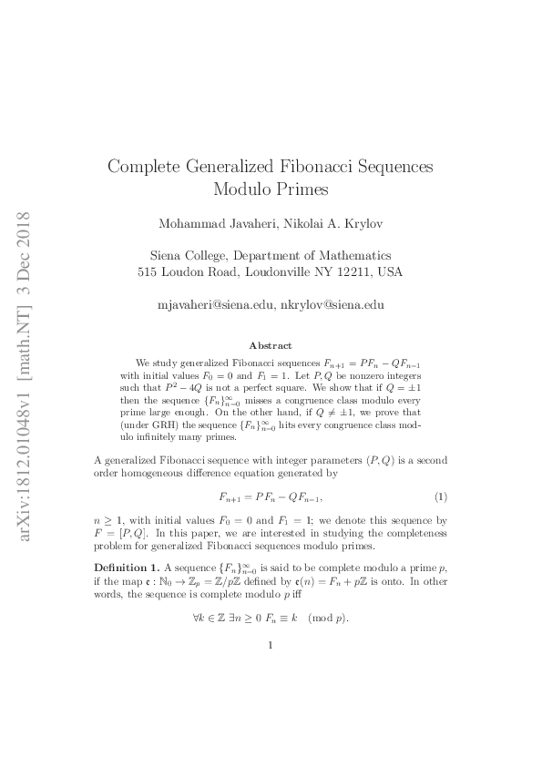 Pdf Complete Generalized Fibonacci Sequences Modulo Primes Nikolai