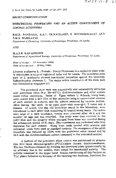 Pdf Insecticidal Properties And An Active Constituent Of Limonia