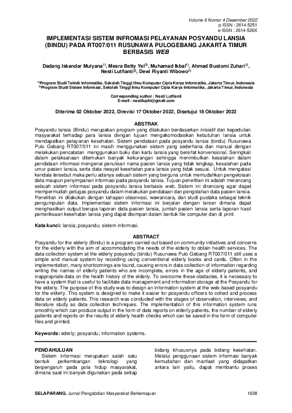 (PDF) Implementasi Sistem Infromasi Pelayanan Posyandu Lansia (Bindu) Pada RT007/011 Rusunawa ...