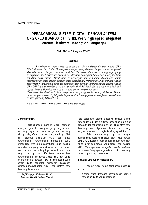 (PDF) Perancangan Sistem Digital dengan ALTERA UP 2 CPLD BOARDS dan VHDL (Very High speed ...