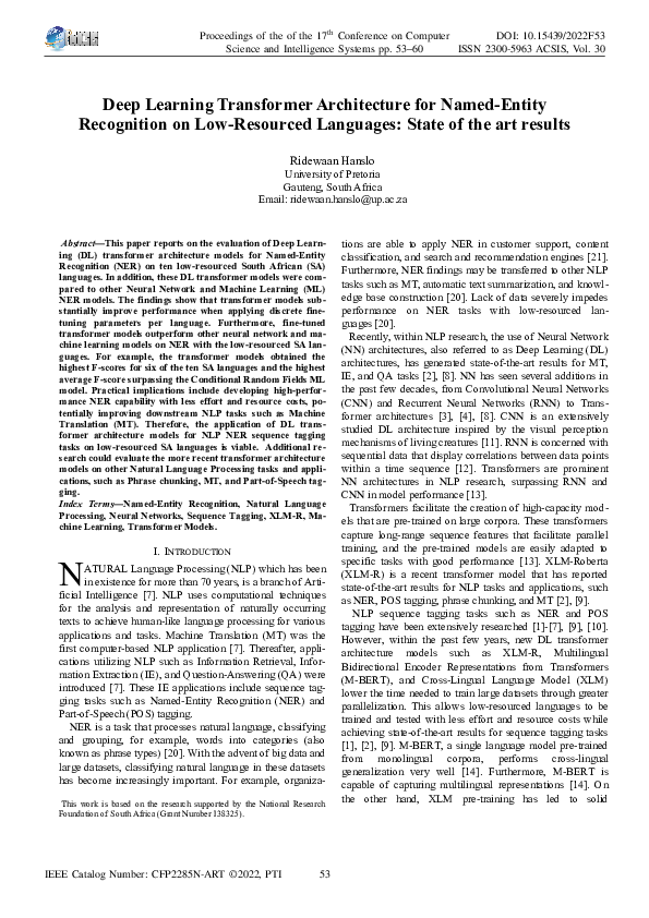 (PDF) Deep Learning Transformer Architecture for Named Entity ...